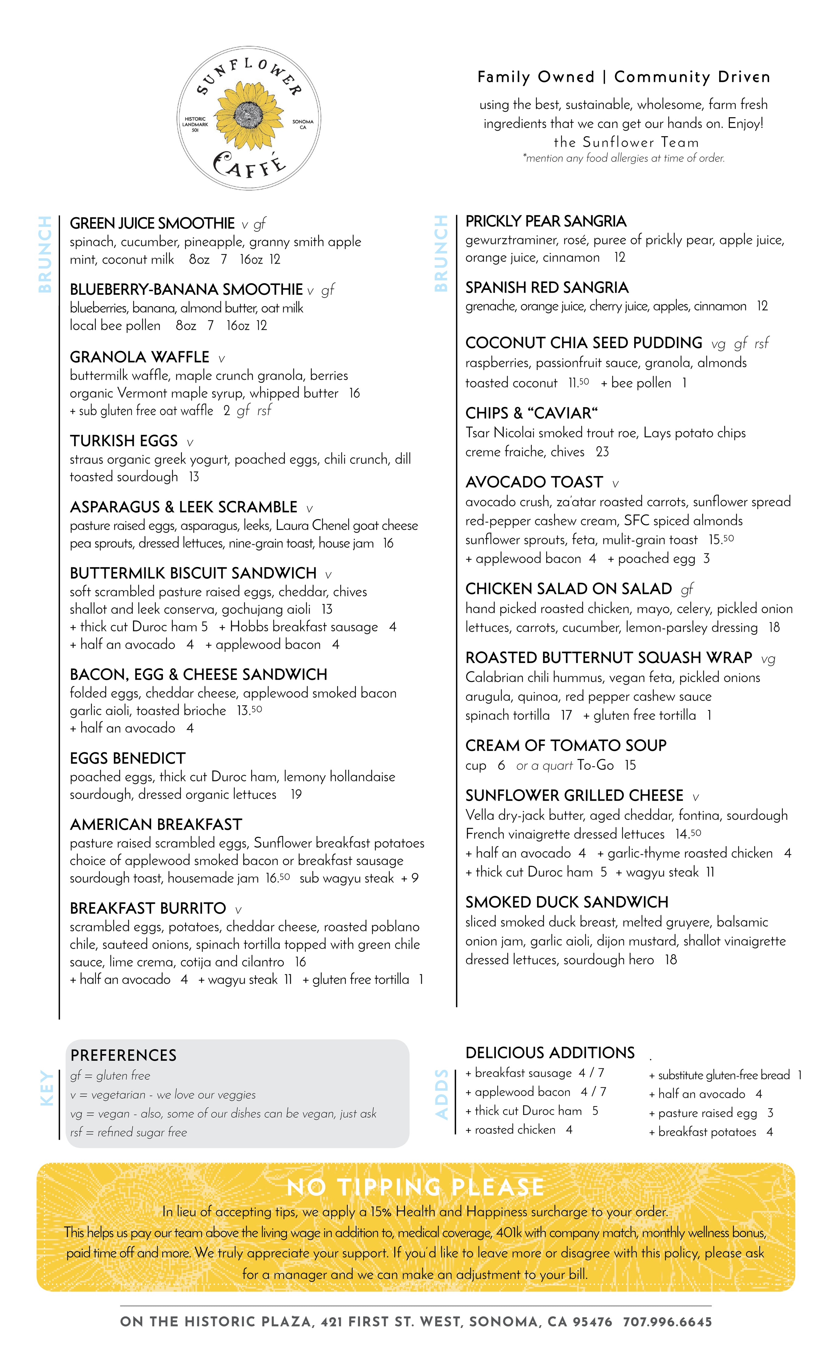 Menu | Sunflower Caffé